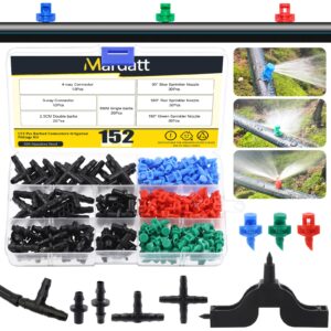 mardatt 152pcs drip irrigation barbed connectors fittings kit for 1/4" tubing includes 90/180/360 angle atomizing sprinkler sprayer and barbed connector for agriculture hydroponic garden lawn