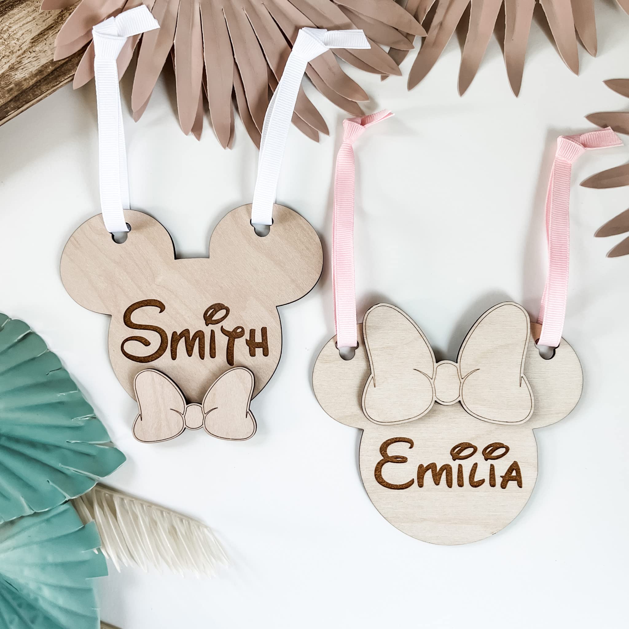 Disney Inspired Personalized Stroller Name Tag - Mickey & Minnie Mouse Customized Engraved Sign