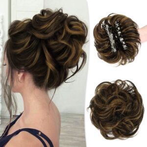 ruwiss claw clip messy bun hair piece real human hair buns wavy curly chignon hair bun extensions tousled updo hair buns claw clip ponytail hairpieces (dark brown with golden blonde)