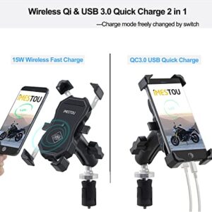 iMESTOU Motorcycle Fork Stem Wireless Qi/USB Phone Mount Charger with 1" Ball for 0.47"-1.18" Diameter Fits for Kawasaki, Ducati, Honda, BMW Motorcycles Quick Charge for 3.5"-6.8" Smartphones