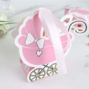 Efavormart 25 Pack | Pink Baby Paper Stroller Party Favor Gift Boxes, Cardstock Carriage Candy Boxes with Ribbon Ties - 4.5"x2"x4"