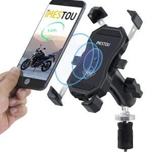 iMESTOU Motorcycle Fork Stem Wireless Qi/USB Phone Mount Charger with 1" Ball for 0.47"-1.18" Diameter Fits for Kawasaki, Ducati, Honda, BMW Motorcycles Quick Charge for 3.5"-6.8" Smartphones