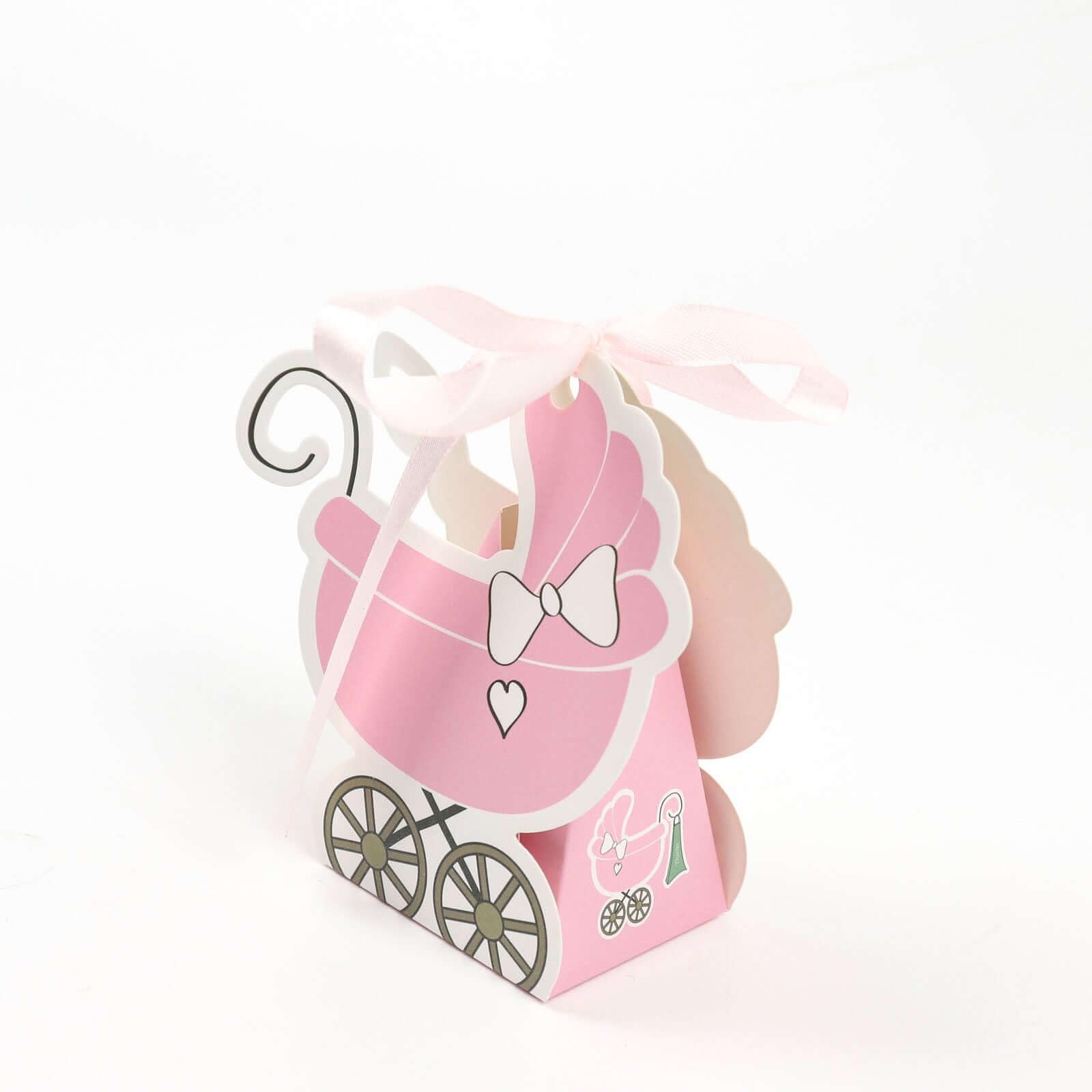 Efavormart 25 Pack | Pink Baby Paper Stroller Party Favor Gift Boxes, Cardstock Carriage Candy Boxes with Ribbon Ties - 4.5"x2"x4"