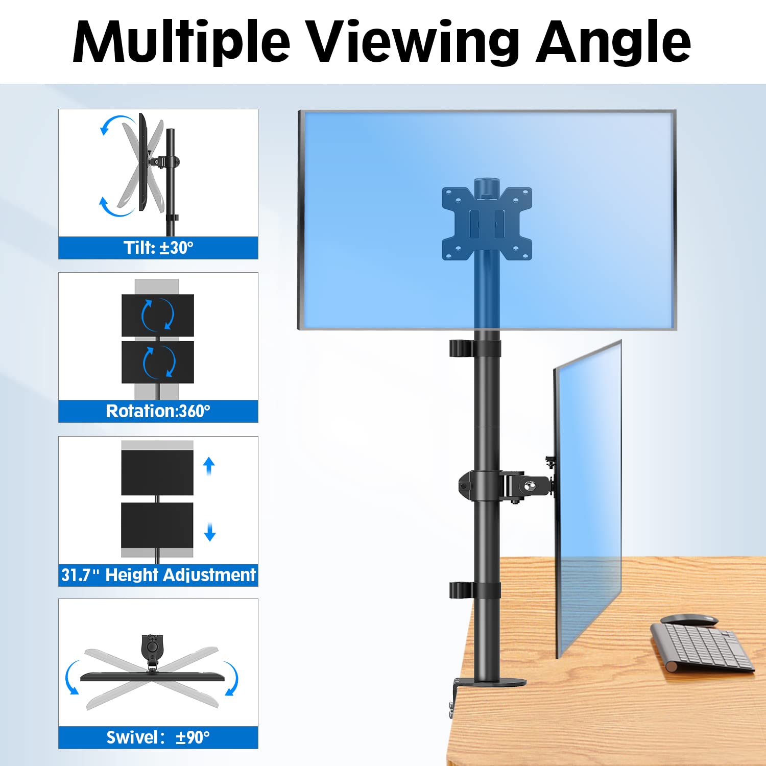 MOUNTUP Dual Monitor Stand, Vertical Monitor Mount for 2 Max 32 inch Stack Screen Monitors, Height Adjustable, Swivel, Tilt Monitor Desk Mount with C Clamp Grommet Base, MU3004