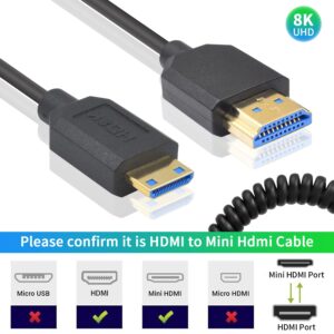 Duttek 8K HDMI to Mini HDMI Coiled Cable, Mini HDMI to HDMI 2.1 Version Cable, 48Gbps Ultra Thin HDMI Male to Mini HDMI Male Cable for Cameras, DSLRs, Camcorders 1FT- 4FT