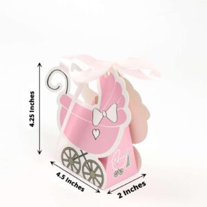 Efavormart 25 Pack | Pink Baby Paper Stroller Party Favor Gift Boxes, Cardstock Carriage Candy Boxes with Ribbon Ties - 4.5"x2"x4"