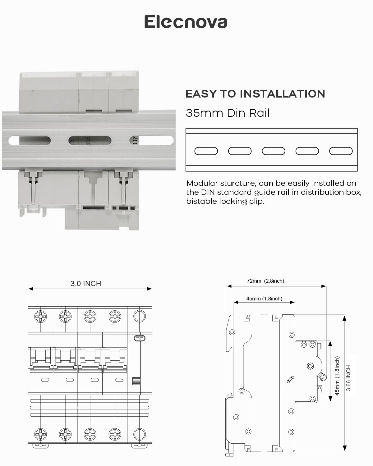 Elecnova 6-63A Miniature Circuit Breaker, 2Pole+N AC 63 Amp 230V, DIN-Rail Mounted MCB, Circuit Leakag, Overload, Short-Circuit Trip, 110V / 120V Available