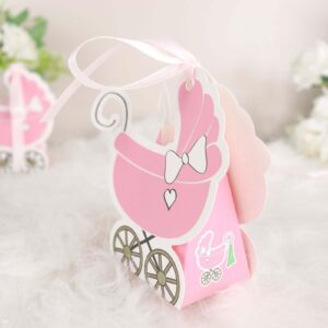 Efavormart 25 Pack | Pink Baby Paper Stroller Party Favor Gift Boxes, Cardstock Carriage Candy Boxes with Ribbon Ties - 4.5"x2"x4"