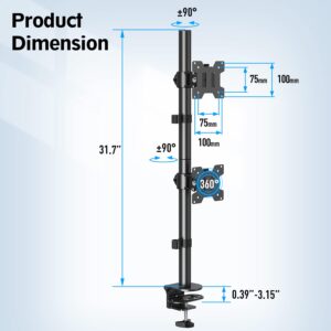 MOUNTUP Dual Monitor Stand, Vertical Monitor Mount for 2 Max 32 inch Stack Screen Monitors, Height Adjustable, Swivel, Tilt Monitor Desk Mount with C Clamp Grommet Base, MU3004