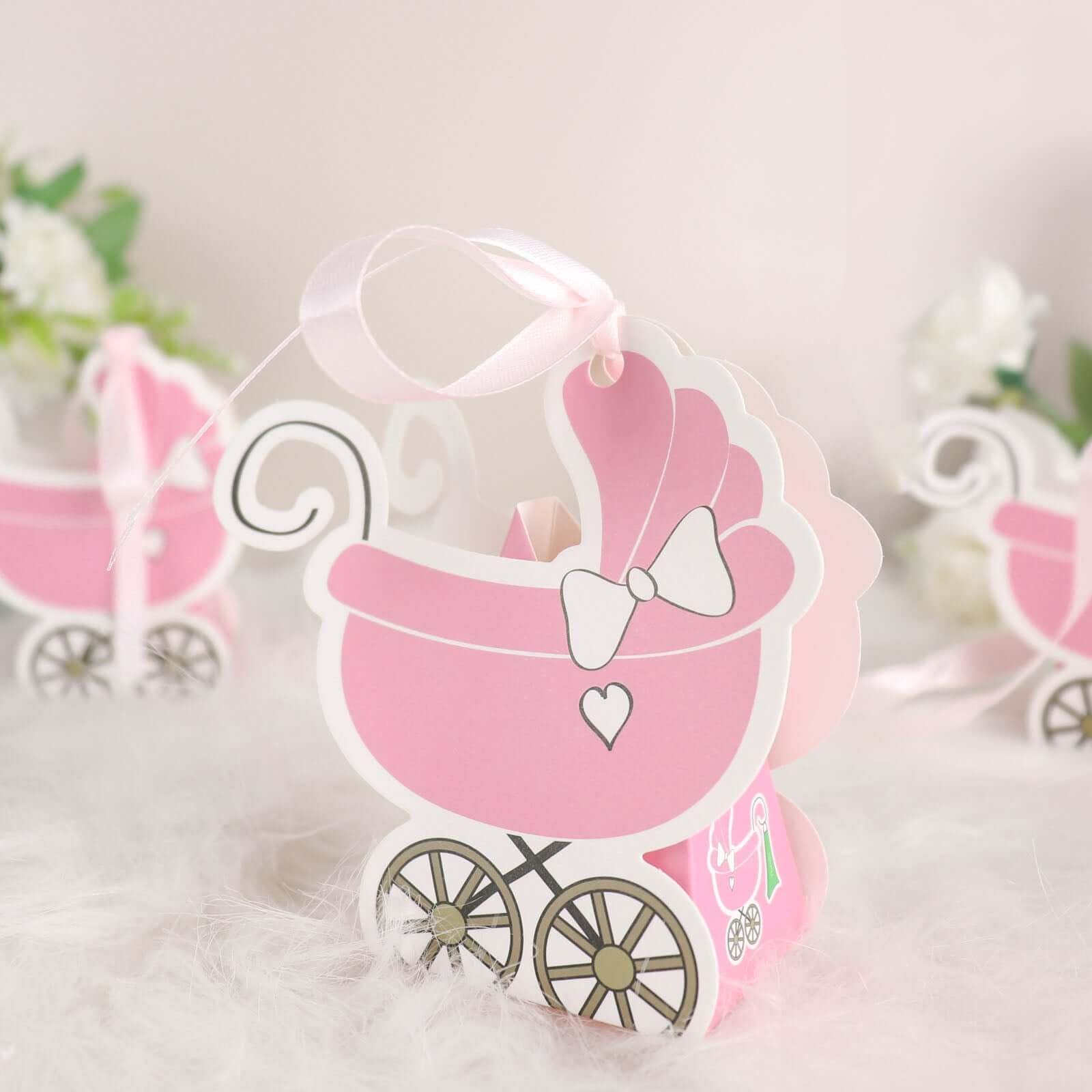 Efavormart 25 Pack | Pink Baby Paper Stroller Party Favor Gift Boxes, Cardstock Carriage Candy Boxes with Ribbon Ties - 4.5"x2"x4"