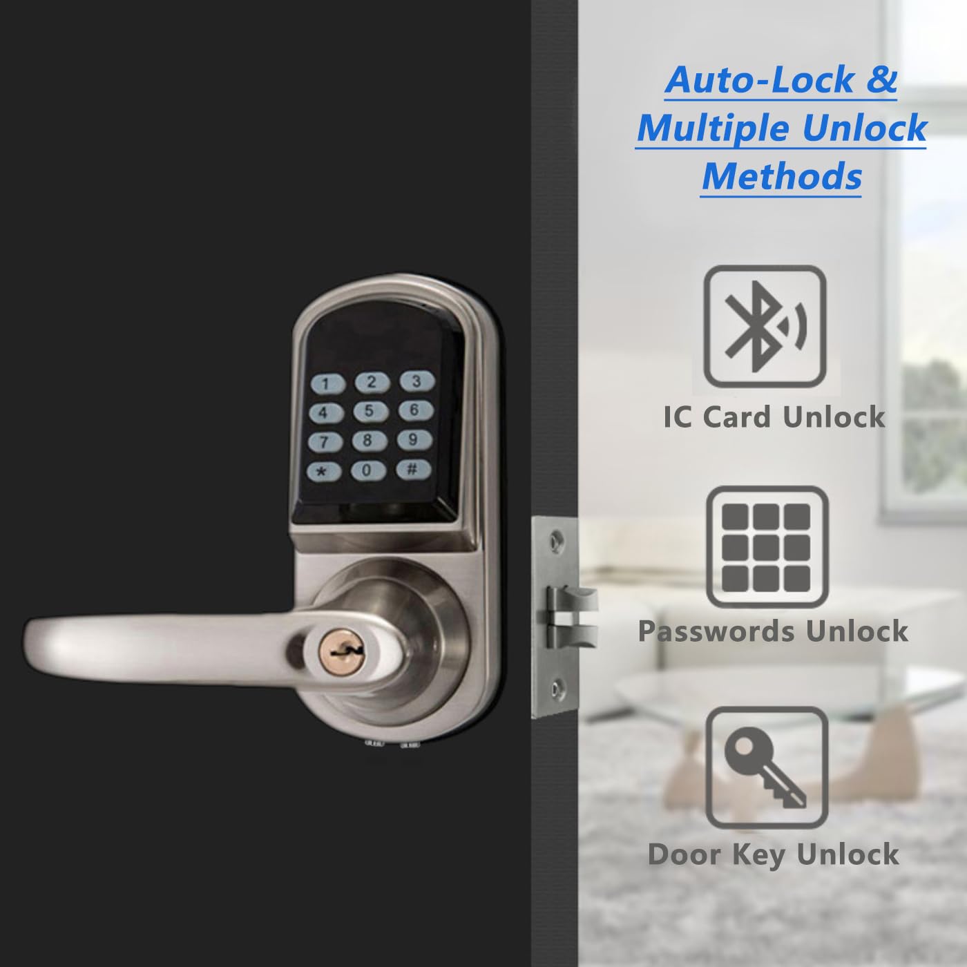 Keypad Door Lock with Left Handle, Auto-Lock Door Locks with Keypads & FOB Cards, Keyless Entry Door Lock with Handle，Electronic Door Lock, Digital Door Lock for Front Door