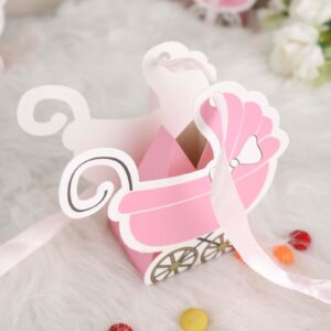 Efavormart 25 Pack | Pink Baby Paper Stroller Party Favor Gift Boxes, Cardstock Carriage Candy Boxes with Ribbon Ties - 4.5"x2"x4"