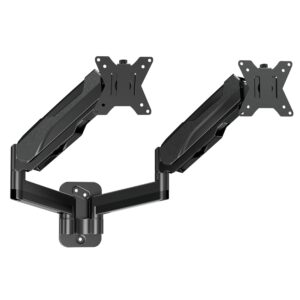 mountup dual monitor wall mount for 2 max 32 inch computer screen, fully adjustable gas spring double monitor arm, wall mounted monitor holder support 2.2-17.6lbs display, vesa bracket 75x75, 100x100