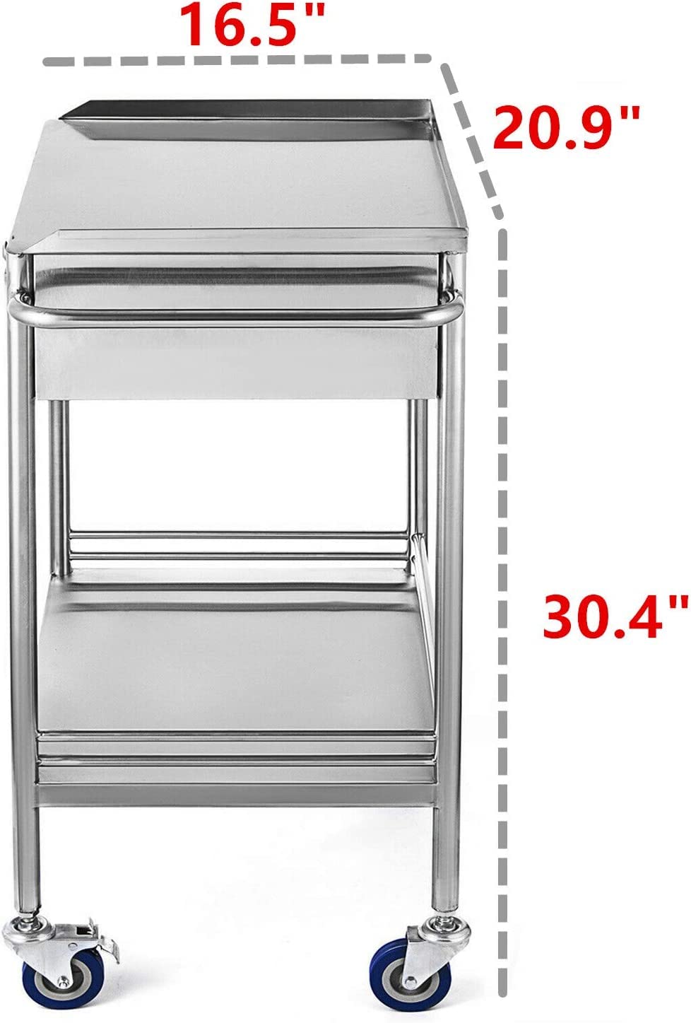 Lab Serving Cart, 2-Layer Utility Cart Stainless Steel with Wheels Rolling Cart, Commercial Wheel Dental Lab Cart Utility Services with Single Drawer and Silent Omnidirectional Lockable Wheel