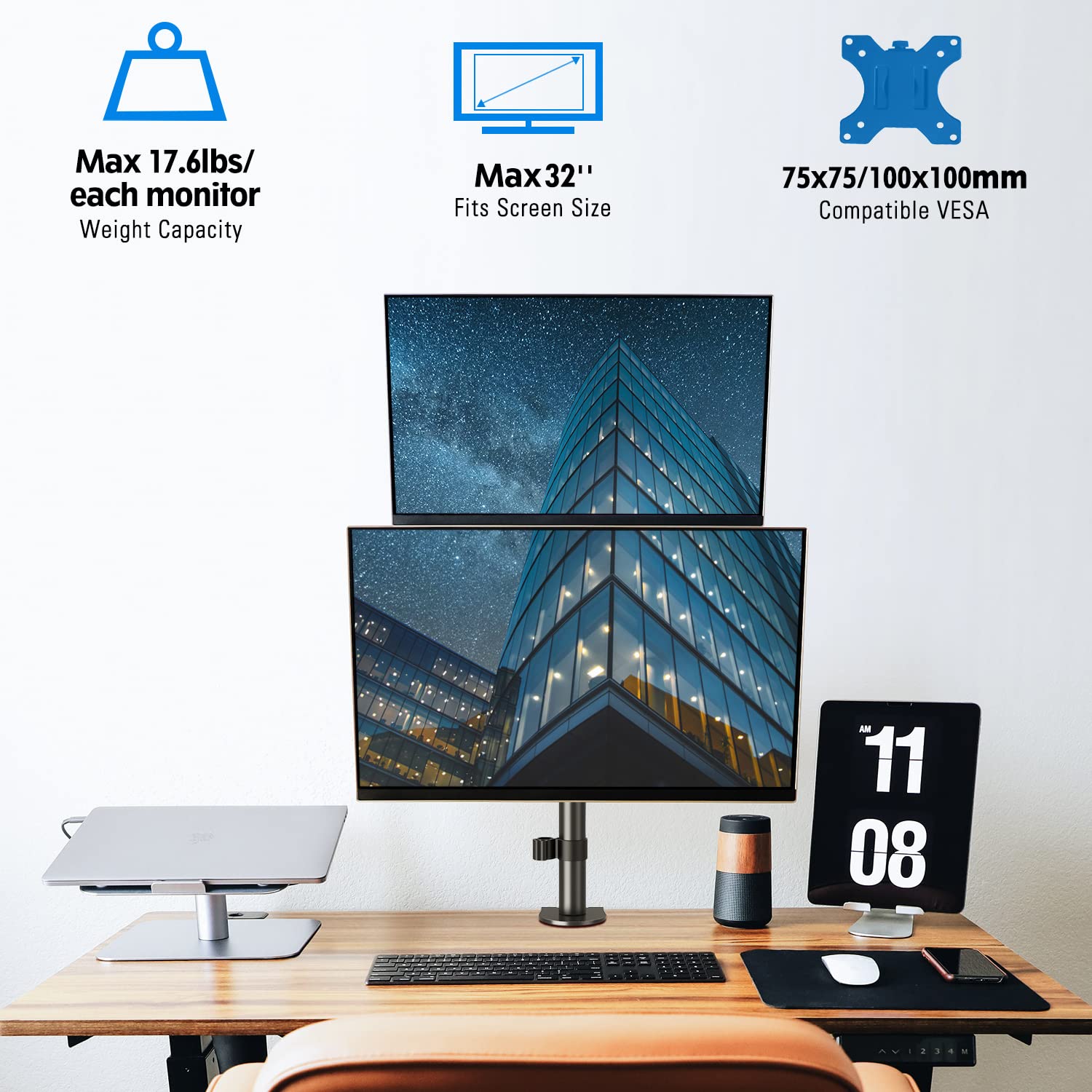 MOUNTUP Dual Monitor Stand, Vertical Monitor Mount for 2 Max 32 inch Stack Screen Monitors, Height Adjustable, Swivel, Tilt Monitor Desk Mount with C Clamp Grommet Base, MU3004