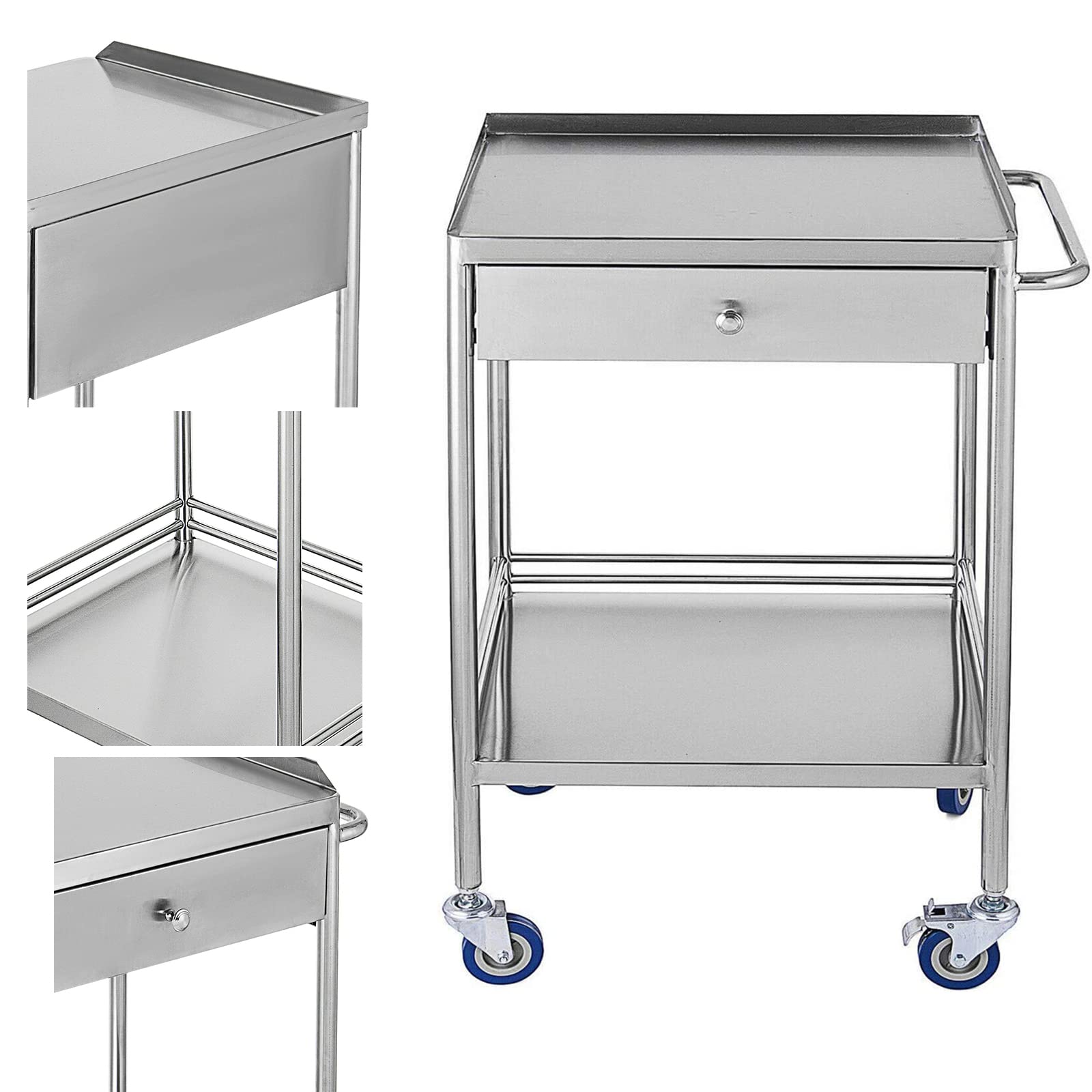 Lab Serving Cart, 2-Layer Utility Cart Stainless Steel with Wheels Rolling Cart, Commercial Wheel Dental Lab Cart Utility Services with Single Drawer and Silent Omnidirectional Lockable Wheel