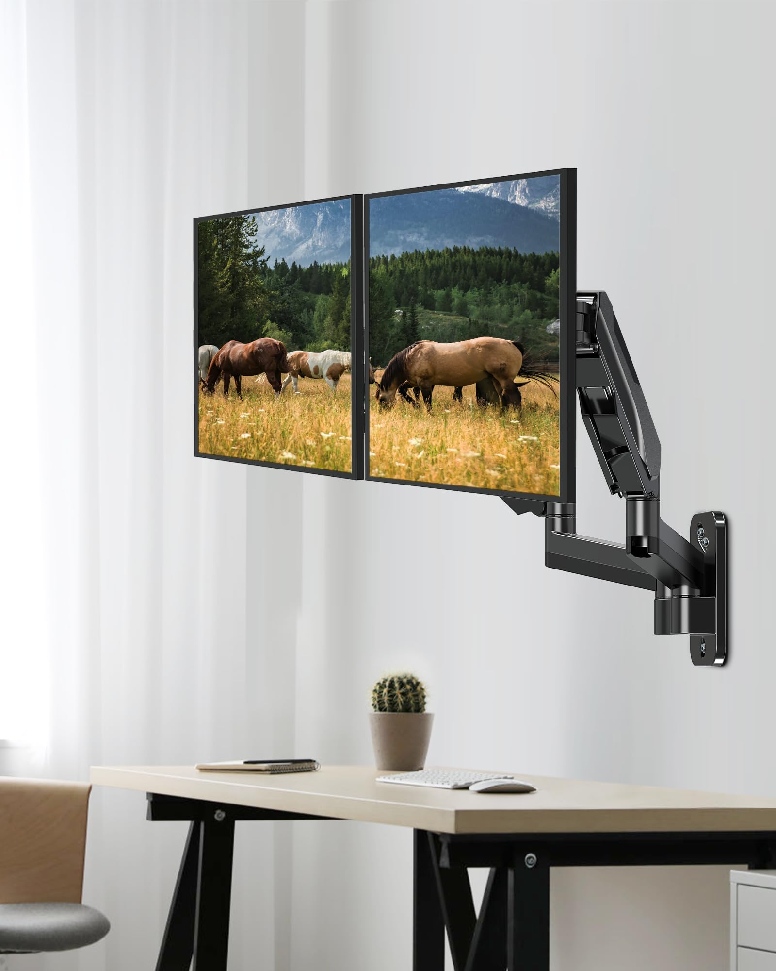 MOUNTUP Dual Monitor Wall Mount for 2 Max 32 Inch Computer Screen, Fully Adjustable Gas Spring Double Monitor Arm, Wall Mounted Monitor Holder Support 2.2-17.6lbs Display, VESA Bracket 75x75, 100x100