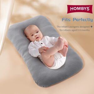 HOMBYS Muslin Baby Lounger Cover 2 Pack for Newborn, 100% Cotton Lounger Slipcover, Ultra Soft Removable Cover for Infant Lounger Pillow (Blue & Grey)