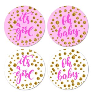 40 pink oh baby it’s a girl stickers, 2 inch big round glossy labels, baby shower, great for party favors, tags, games and supplies. made in usa