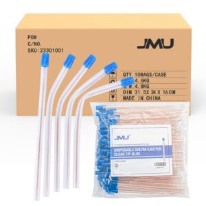 jmu 1000pcs dental saliva ejectors, disposable suction tips clear tube with blue tip, 10 bags