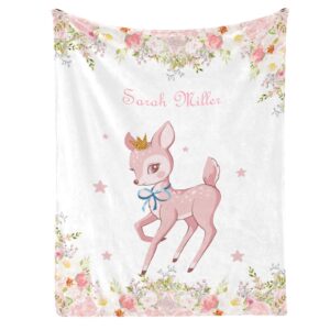 pink bambi deer floral personalized baby blanket for boys girls custom naps swaddle blanket shower soft newborn 30x40 in