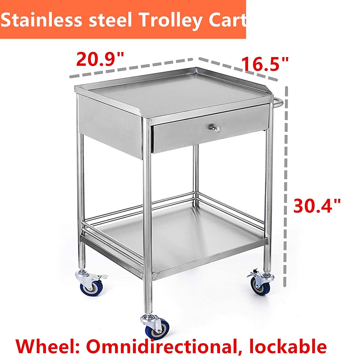 Lab Serving Cart, 2-Layer Utility Cart Stainless Steel with Wheels Rolling Cart, Commercial Wheel Dental Lab Cart Utility Services with Single Drawer and Silent Omnidirectional Lockable Wheel