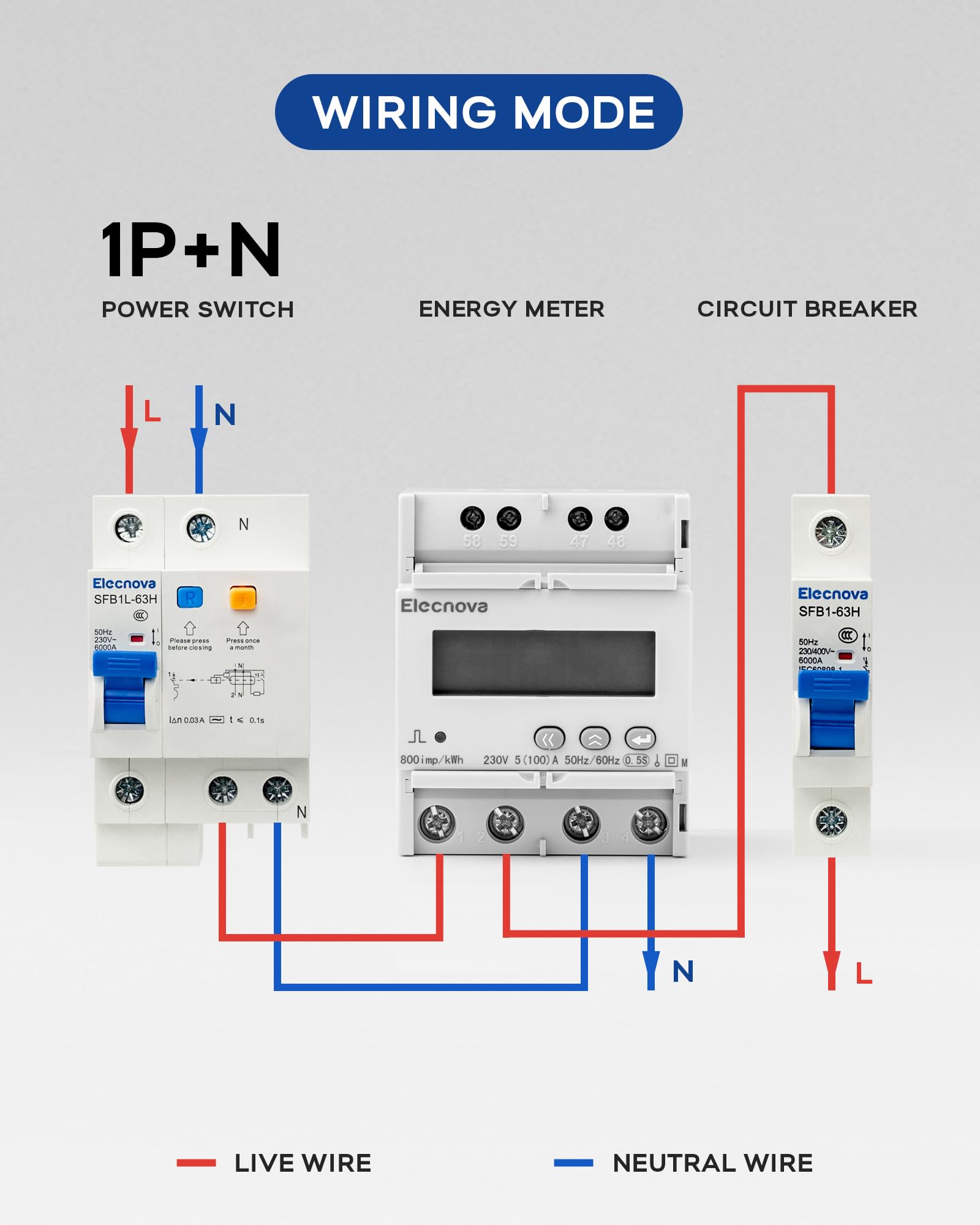 Elecnova 6-63A Miniature Circuit Breaker, 1Pole+N AC 20 Amp 230V, DIN Rail Mounted, Circuit Leakage, Overload, Short-Circuit Protection, 110V / 120V Available