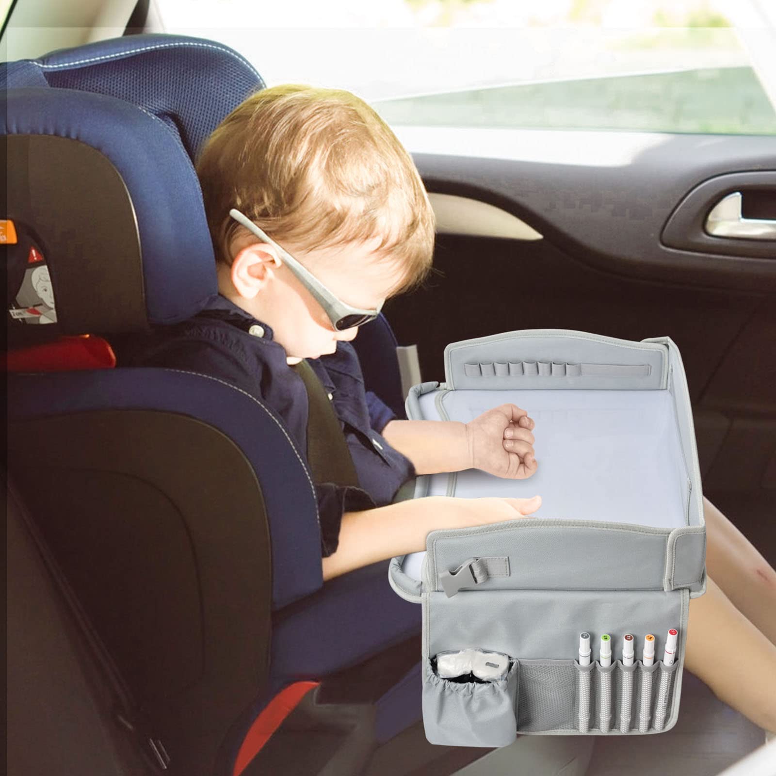 Kids Travel Tray Car Drawing Board, Tianle Road Trip Essentials Kids, No-Drop Tablet Holder, Lap Desk, Toddler Toy Storage, Fits Airplane and Booster Seat Gray