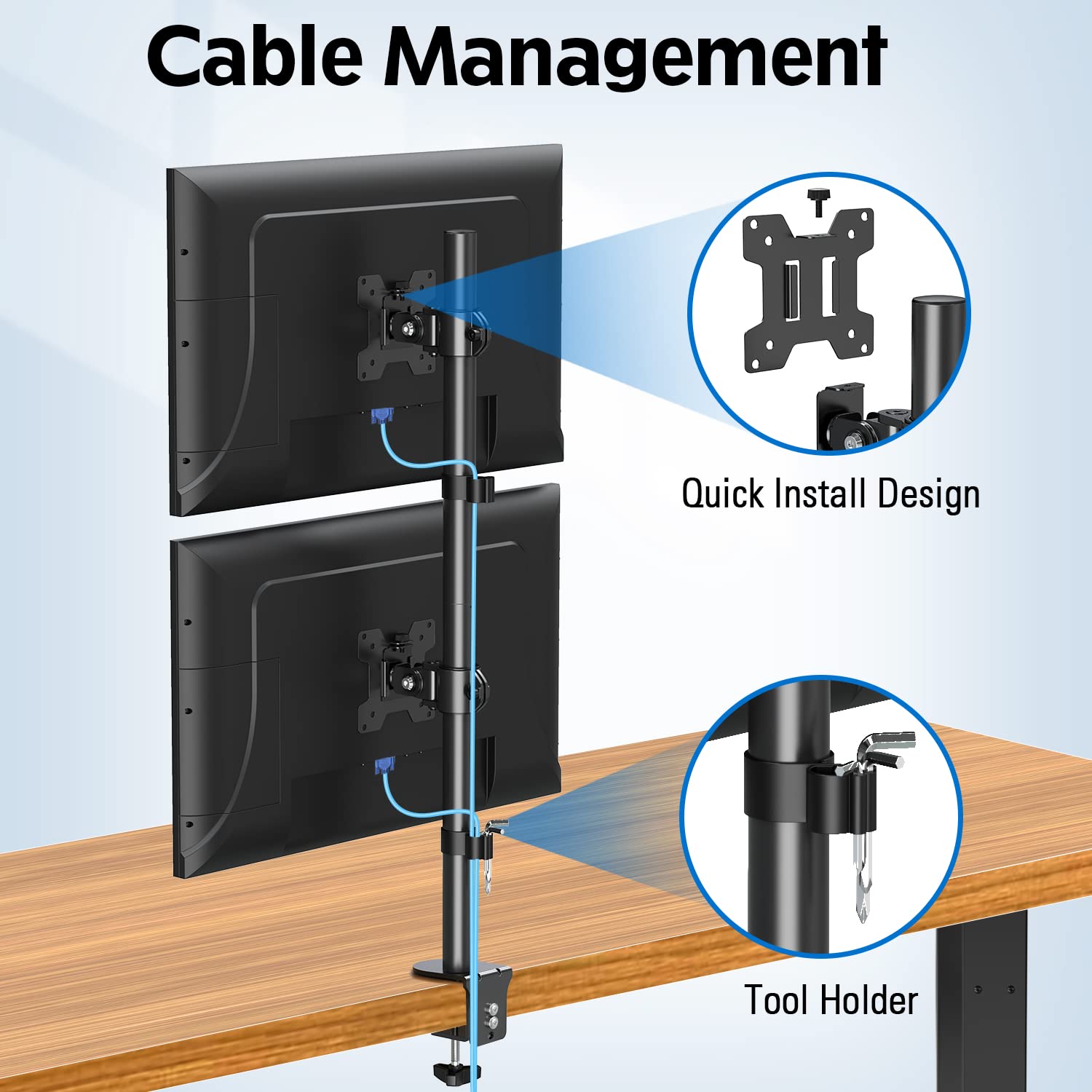 MOUNTUP Dual Monitor Stand, Vertical Monitor Mount for 2 Max 32 inch Stack Screen Monitors, Height Adjustable, Swivel, Tilt Monitor Desk Mount with C Clamp Grommet Base, MU3004