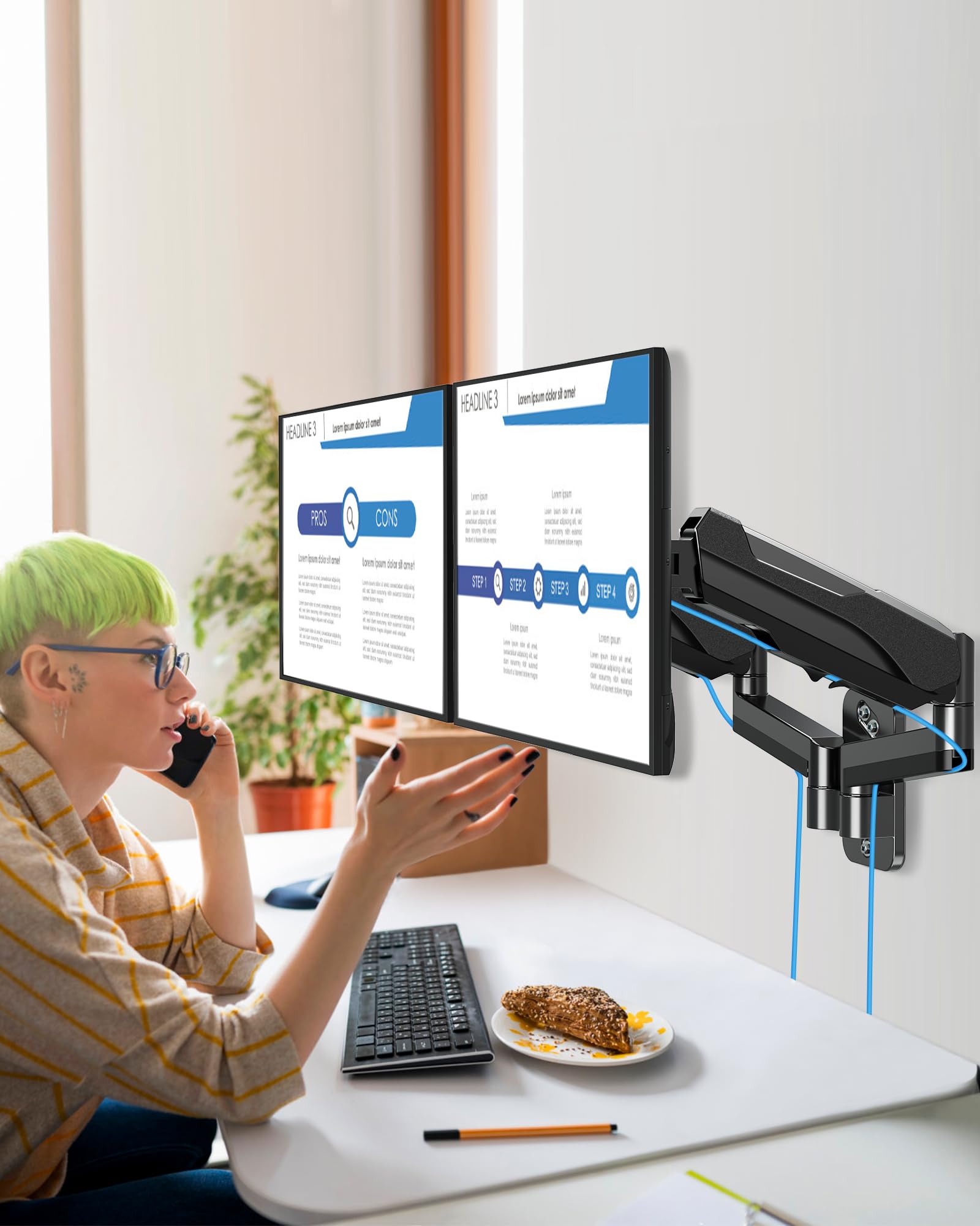 MOUNTUP Dual Monitor Wall Mount for 2 Max 32 Inch Computer Screen, Fully Adjustable Gas Spring Double Monitor Arm, Wall Mounted Monitor Holder Support 2.2-17.6lbs Display, VESA Bracket 75x75, 100x100