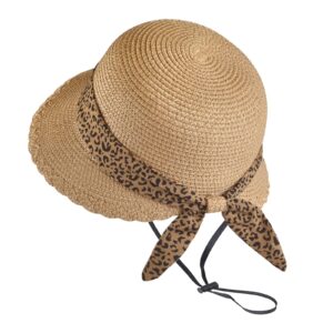 girls straw sun hat kids summer beach uv protection hats toddler baby childrens little girl ages 3 4 5 6 7 8 9 10 years khaki leopard wide brim foldable sunhat with chin strap cute bow ponytail cap