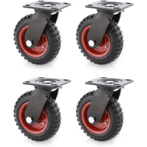 powertec 8 inch caster wheels set of 4, heavy duty swivel plate casters with rubber knobby tread for workbench, dolly, cart, trolley, wagon and chicken coop, large rubber castor wheels (17051-p4)