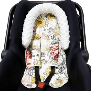 2-in-1 Baby Head Support and Strap Cover for Car Seat, Super Soft Mink Floral CarSeat Insert Cushion Headrest for Bouncers, Strollers, Swing