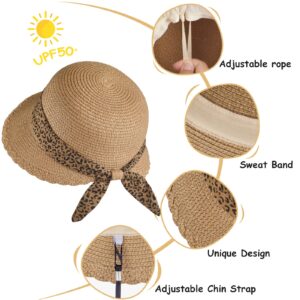 Girls Straw Sun Hat Kids Summer Beach UV Protection Hats Toddler Baby Childrens Little Girl Ages 3 4 5 6 7 8 9 10 Years Khaki Leopard Wide Brim Foldable Sunhat with Chin Strap Cute Bow Ponytail Cap