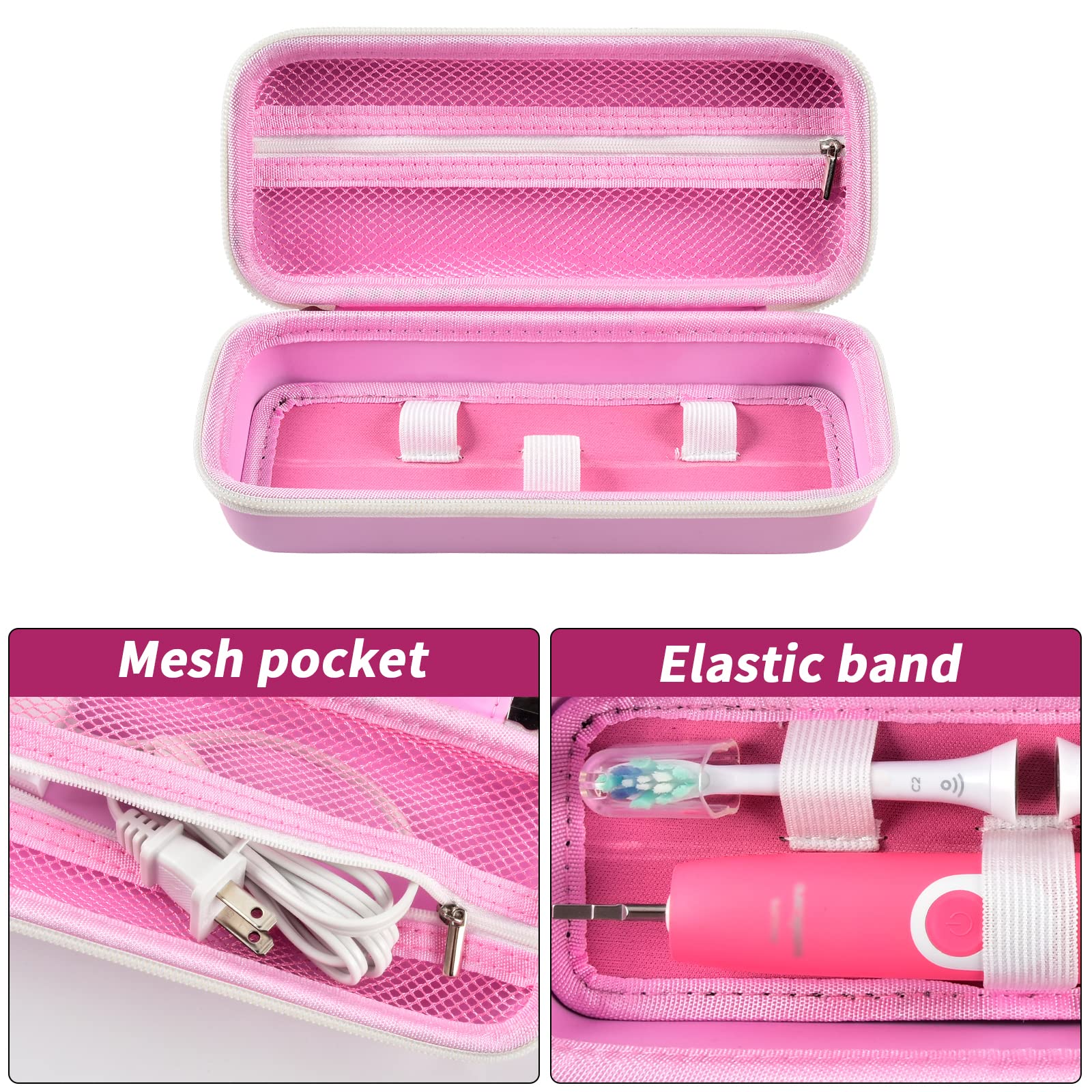 Toothbrush Travel Case Compatible with Oral-B Pro 1000, 2000, 3000, 3500, 1500/ for Philips Sonicare ProtectiveClean 4100 5100 Electric Toothbrush with Mesh Pocket for Accessories - Pink (Bag Only)