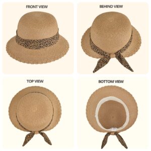 Girls Straw Sun Hat Kids Summer Beach UV Protection Hats Toddler Baby Childrens Little Girl Ages 3 4 5 6 7 8 9 10 Years Khaki Leopard Wide Brim Foldable Sunhat with Chin Strap Cute Bow Ponytail Cap