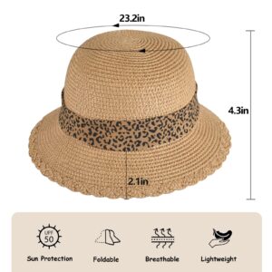 Girls Straw Sun Hat Kids Summer Beach UV Protection Hats Toddler Baby Childrens Little Girl Ages 3 4 5 6 7 8 9 10 Years Khaki Leopard Wide Brim Foldable Sunhat with Chin Strap Cute Bow Ponytail Cap