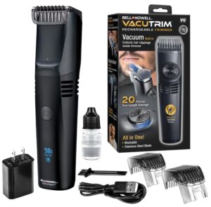 bell+howell vacutrim deluxe cordless mens beard trimmer, rechargeable electric shaver with 20 trim setting and built-in vacuum for mustache, sideburns. facial hair, black, 7.5", as seen on tv