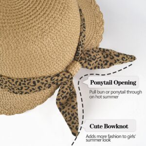 Girls Straw Sun Hat Kids Summer Beach UV Protection Hats Toddler Baby Childrens Little Girl Ages 3 4 5 6 7 8 9 10 Years Khaki Leopard Wide Brim Foldable Sunhat with Chin Strap Cute Bow Ponytail Cap