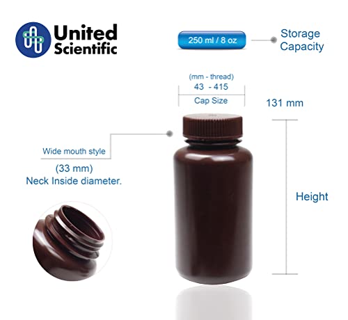 United Scientific Supplies 33464 | Laboratory Grade HDPE Wide Mouth Amber Reagent Bottle | Designed for Laboratories, Classrooms, or Storage at Home | 250ml (8oz) Capacity | Pack of 12