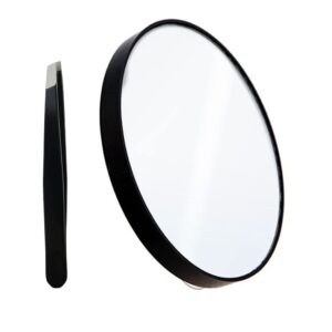 10x magnifying makeup mirror with 1 tweezers portable round mirror 2 suction cups travel set for eyebrow tweezing blackhead blemish removal bathroom magnified cosmetic mirror (diameter 4.3 inches)