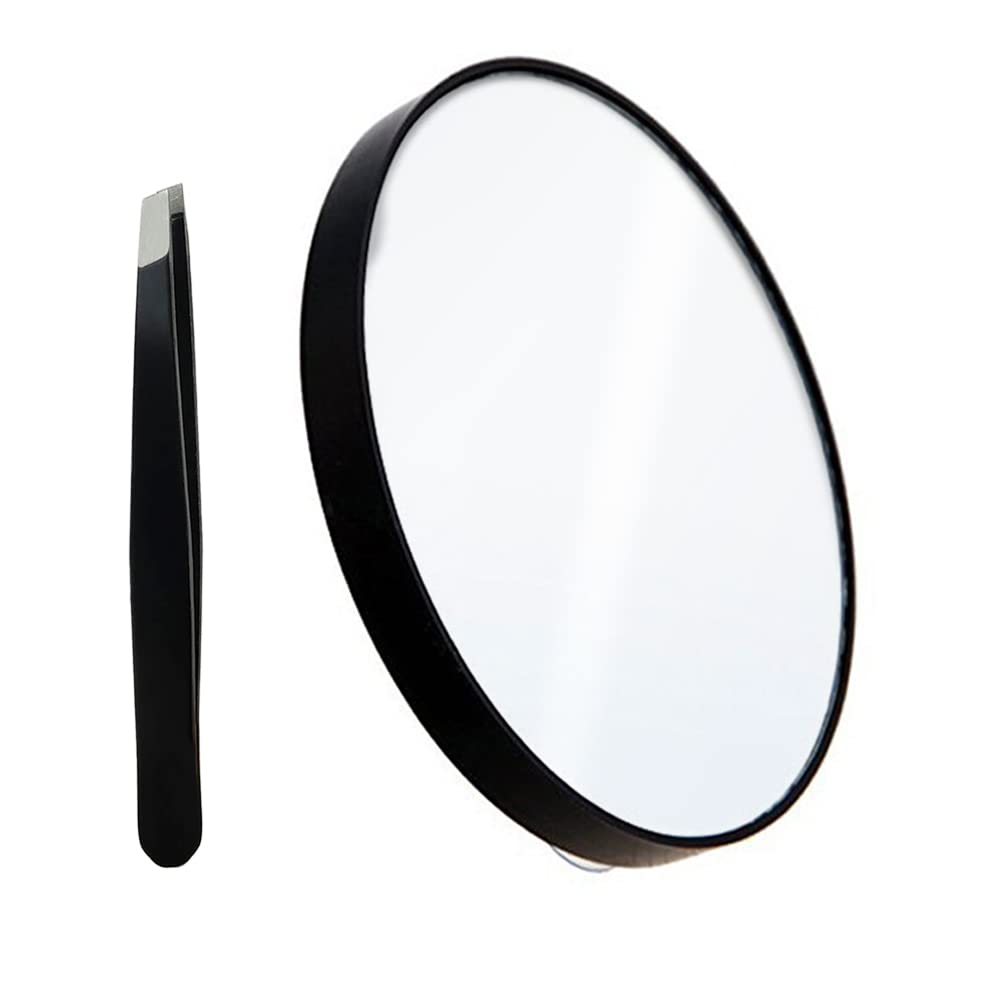 10X Magnifying Makeup Mirror with 1 Tweezers Portable Round Mirror 2 Suction Cups Travel Set for Eyebrow Tweezing Blackhead Blemish Removal Bathroom Magnified Cosmetic Mirror (Diameter 4.3 inches)