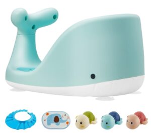 whale shape baby bath seat – 3 bath toys + bath brush + shower cap – ergonomic backrest – elastic and breathable – 4 strong non-slip suction cups – ideal gift! (green)