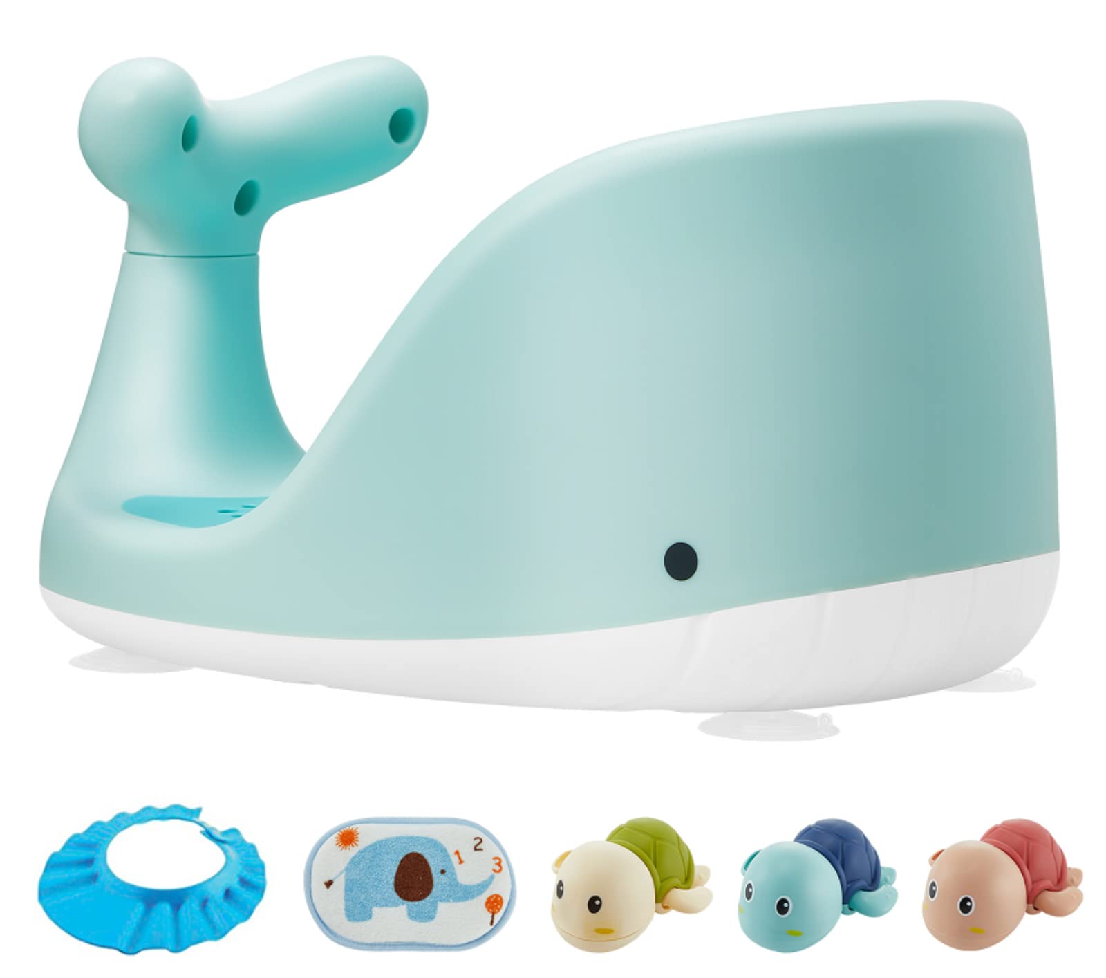 Whale Shape Baby Bath Seat – 3 Bath Toys + Bath Brush + Shower Cap – Ergonomic Backrest – Elastic and Breathable – 4 Strong Non-Slip Suction Cups – Ideal Gift! (Green)