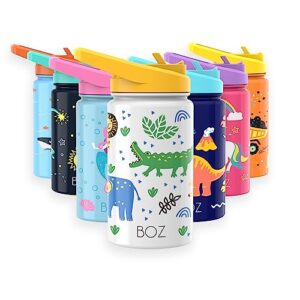 boz kids water bottle for school with straw lid, stainless steel insulated water bottle for kids, toddler water bottle, leak proof water bottle for kids and toddlers, 14 oz (414ml) (safari)