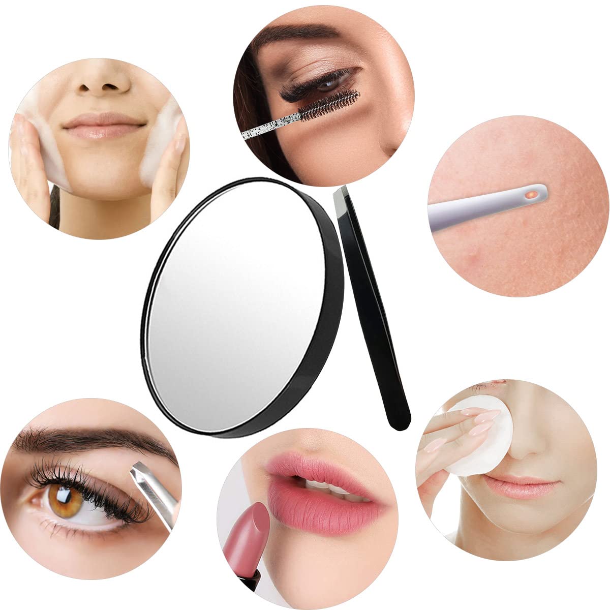 10X Magnifying Makeup Mirror with 1 Tweezers Portable Round Mirror 2 Suction Cups Travel Set for Eyebrow Tweezing Blackhead Blemish Removal Bathroom Magnified Cosmetic Mirror (Diameter 4.3 inches)