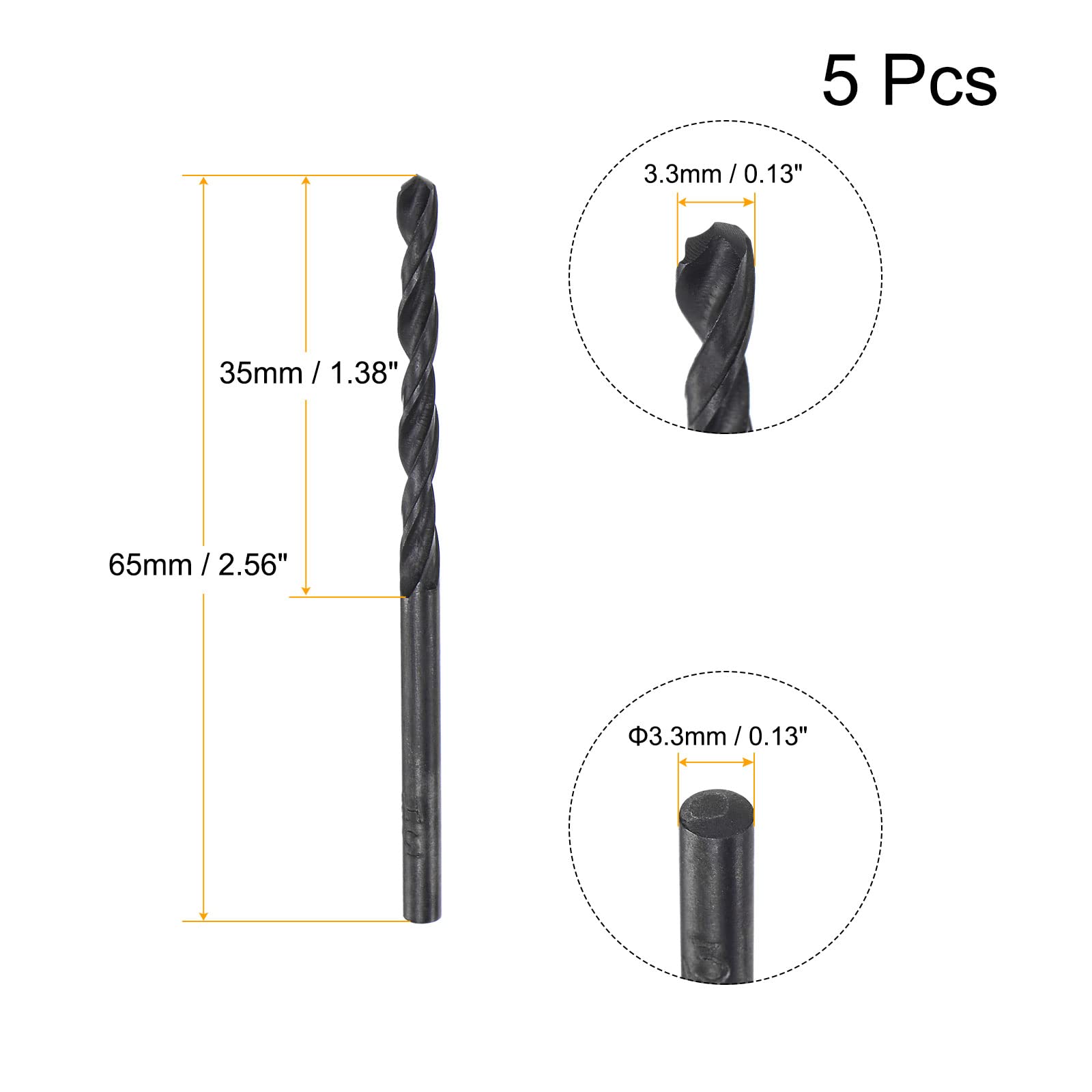 uxcell 6542 High Speed Steel Straight Shank Twist Jobber Drill Bit, Fully Ground Black Oxide Drill Bits 3.3mm Drill Diameter 65mm Total Length 5 Pcs