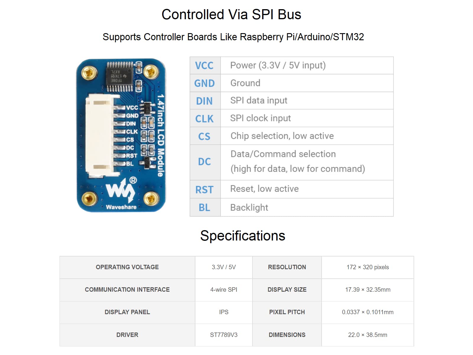 waveshare 1.47inch LCD Module 172×320 Resolution 262K RGB Colors IPS Display for Raspberry Pi, Arduino, STM32,Embedded ST7789V3 Driver,SPI Interface