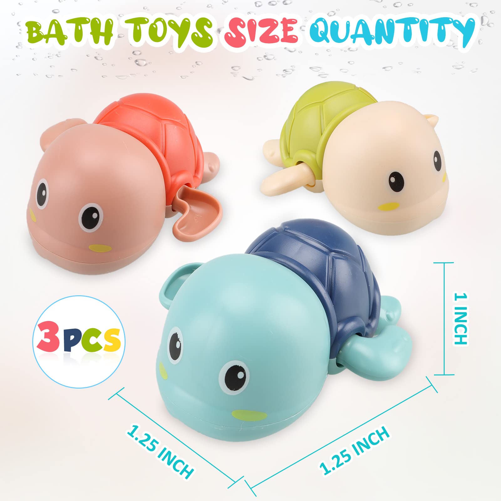 Gretex 3 Pack Baby Bath Toys Swimming Beach Toys, Turtle Bath Tub Toys 1 2 3 Years Boys Girls Gifts, Wind Up Bath Toys for Toddlers 1-3 Newborn Toys Pool Toys