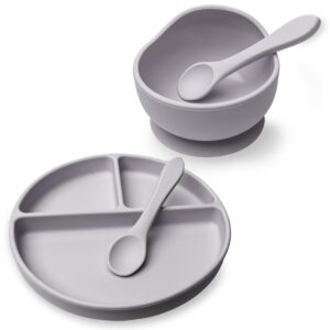 ullabelle lilac 4-piece suction toddler plates & bowls set - bpa free, microwave & dishwasher safe, 100% food grade silicone